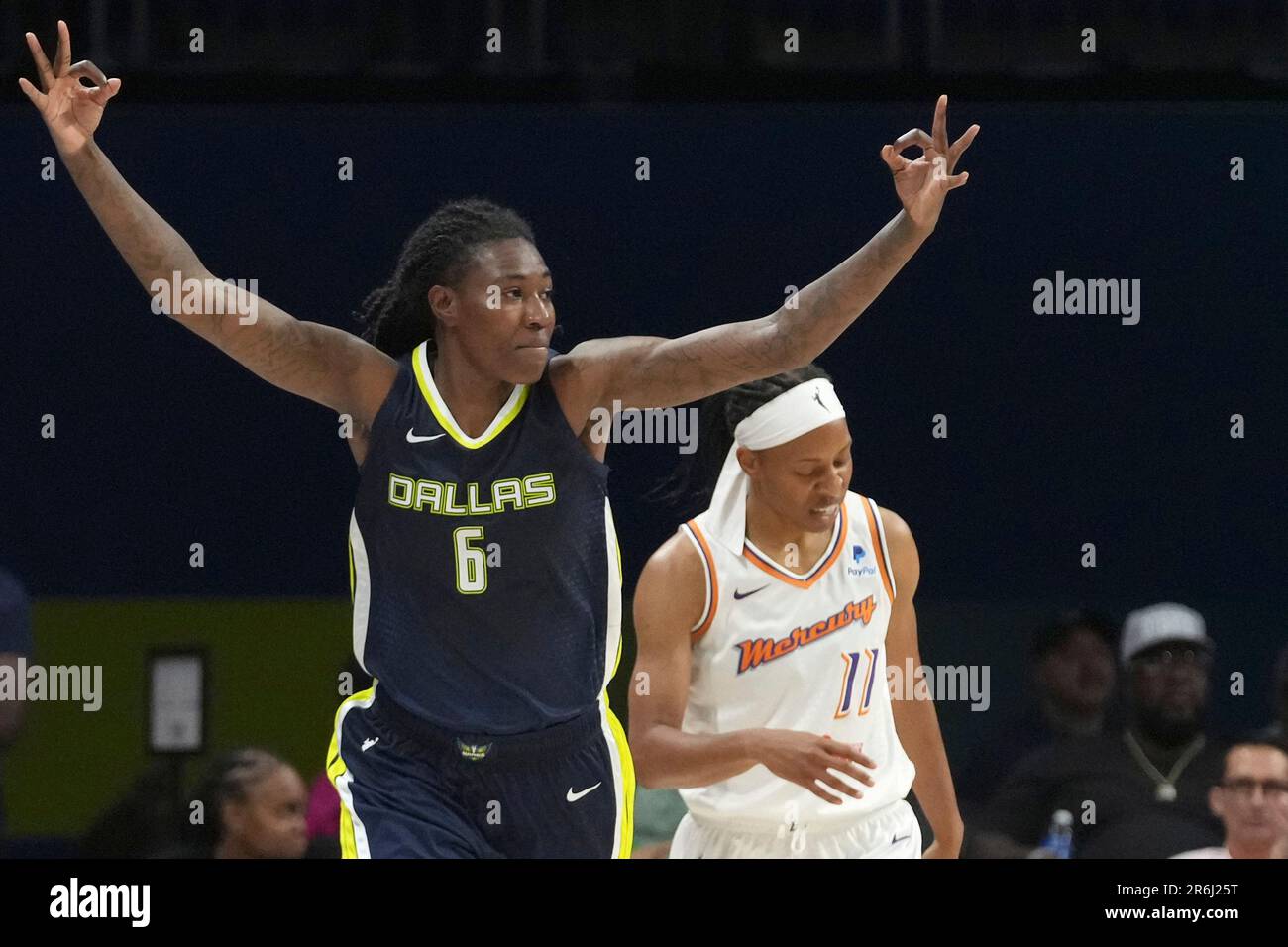 Dallas Wings forward Natasha Howard (6) celebrates after scoring a 3 ...