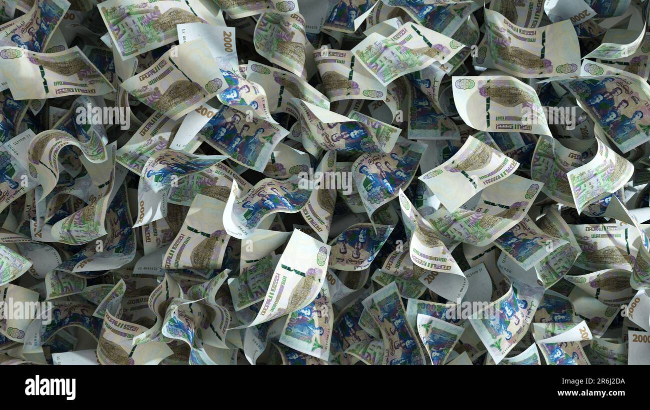 3D rendering of lots of Algerian dinar notes spread on surface. money ...
