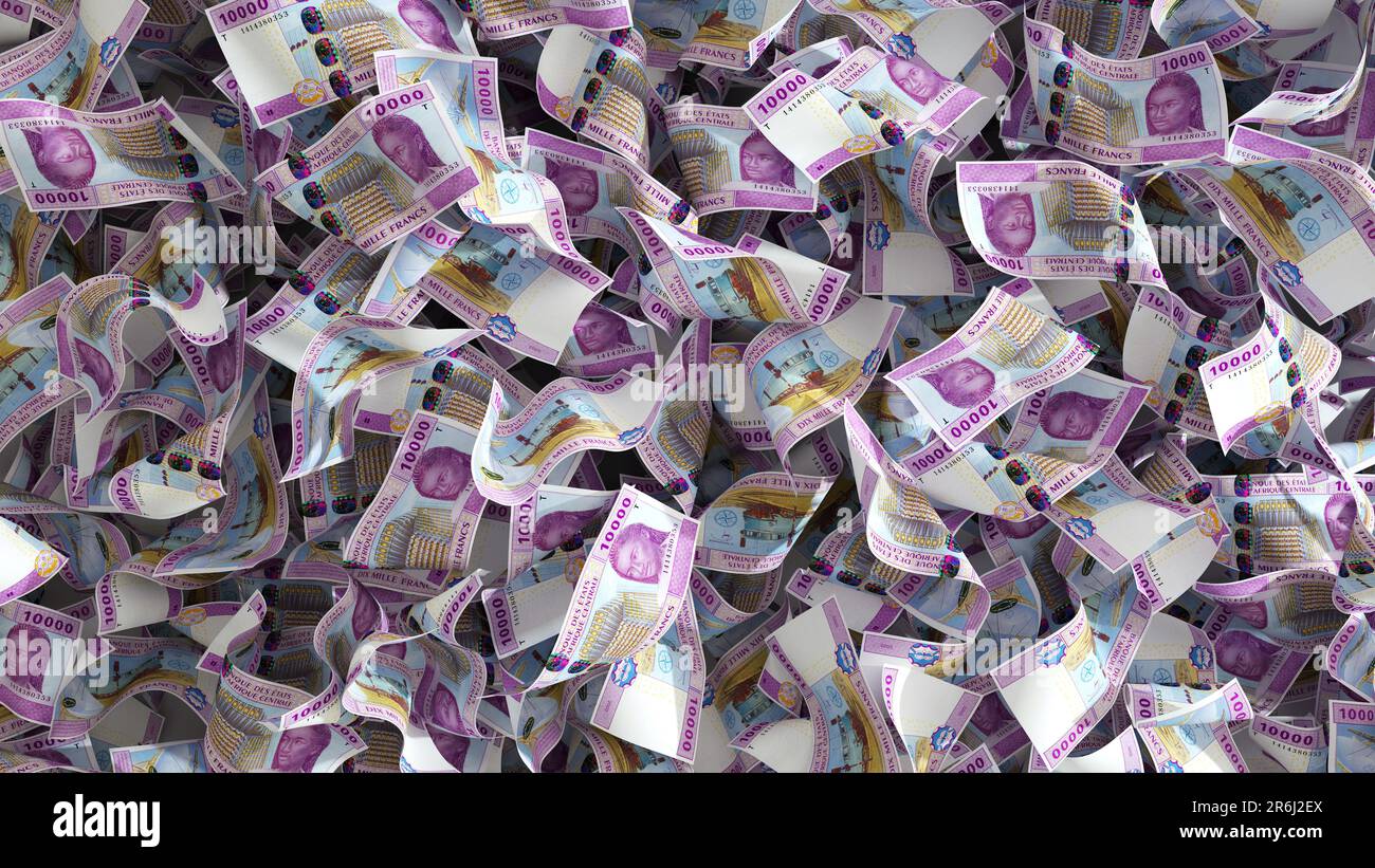 3D rendering of lots of 10000 Central African cfa franc notes spread on ...