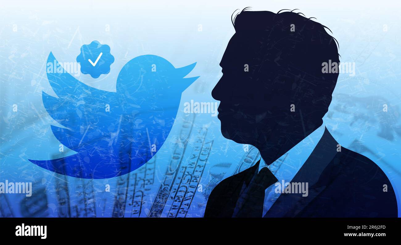 Silhouette of Elon Musk with the Twitter logo in front of a banner with ...