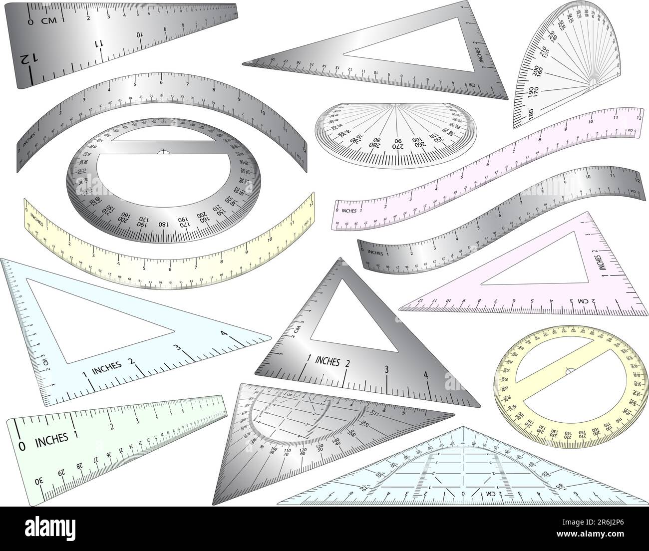 Set of angled and bent editable vector rulers, set squares and protractors in plastic and metal ...