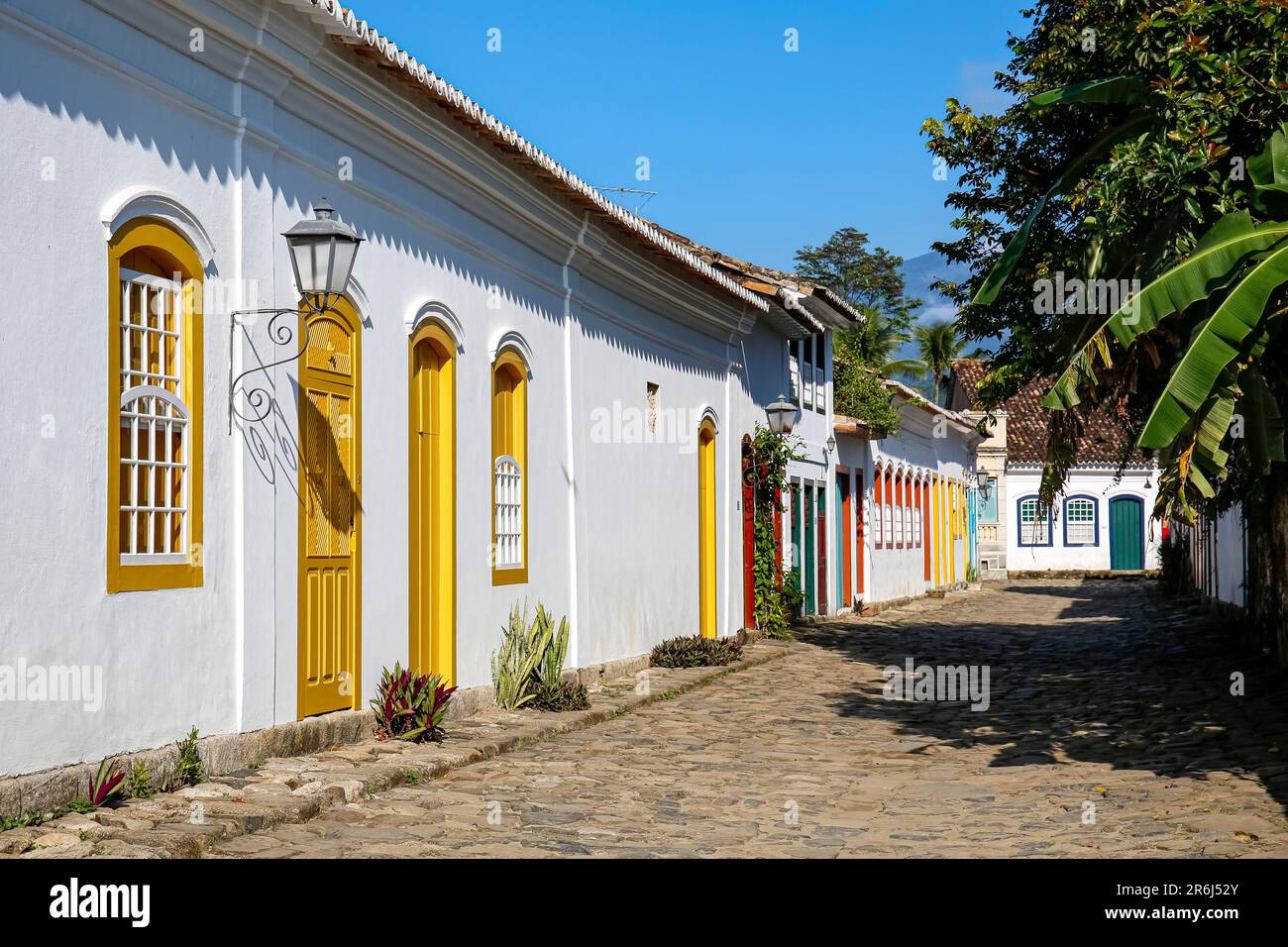 Typical cobblestone street with colorful colonial buildings and trees ...