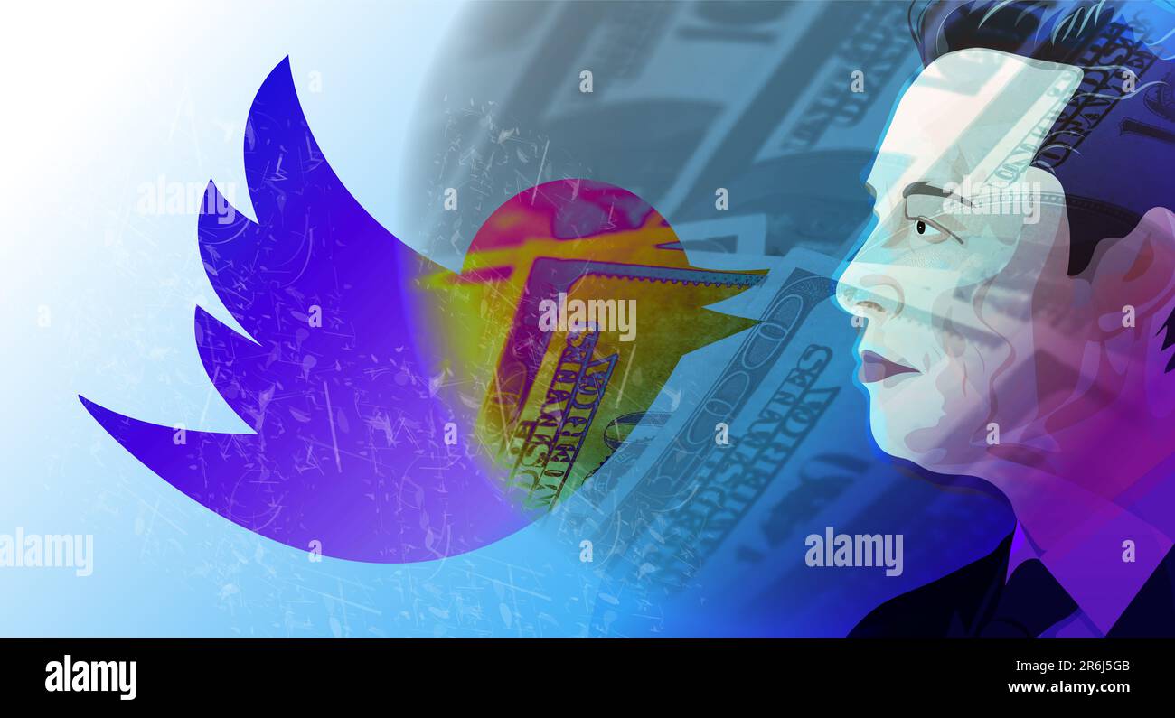 Elon Musk with the Twitter logo in front of a banner with hundred ...