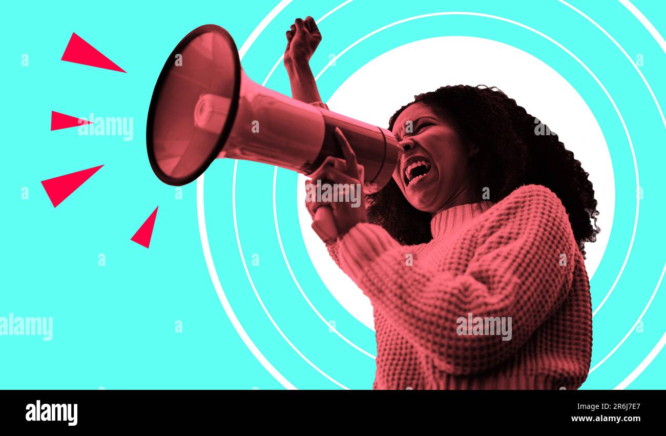 Megaphone, protest and woman fist isolated on blue background for human ...