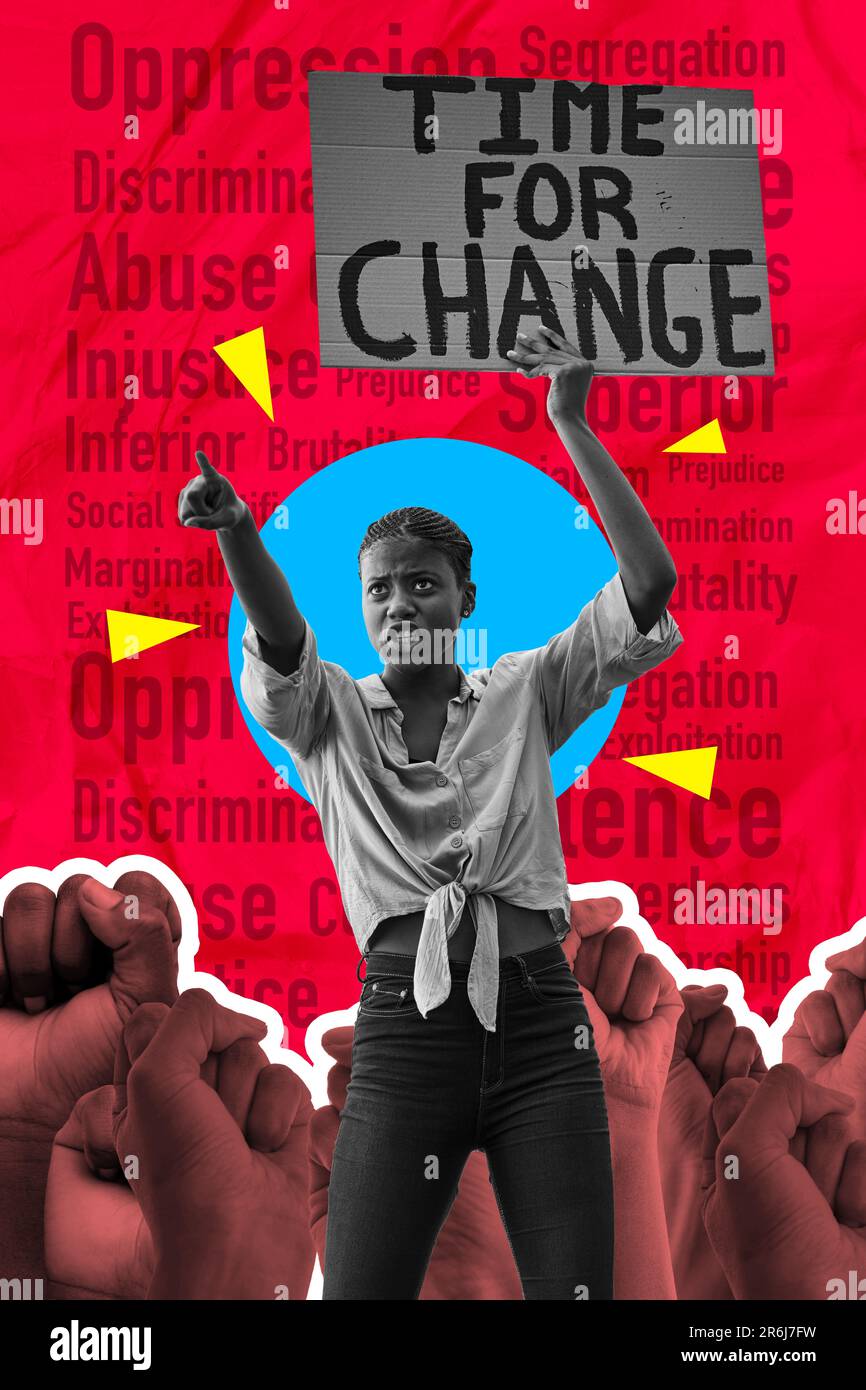 Poster, protest and woman with time for change sign isolated on a red ...