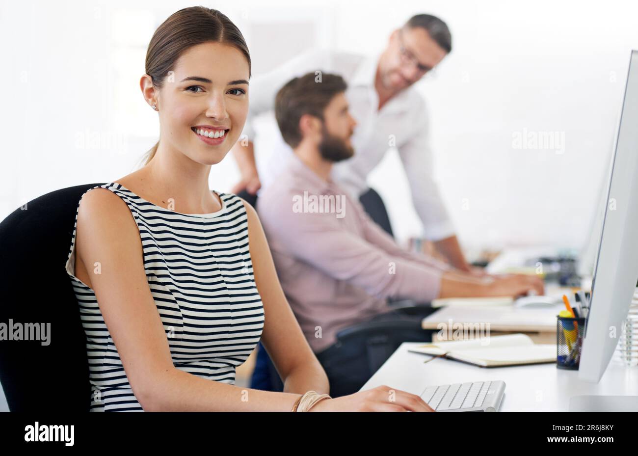 Portrait, smile and woman, creative designer or employee in startup ...