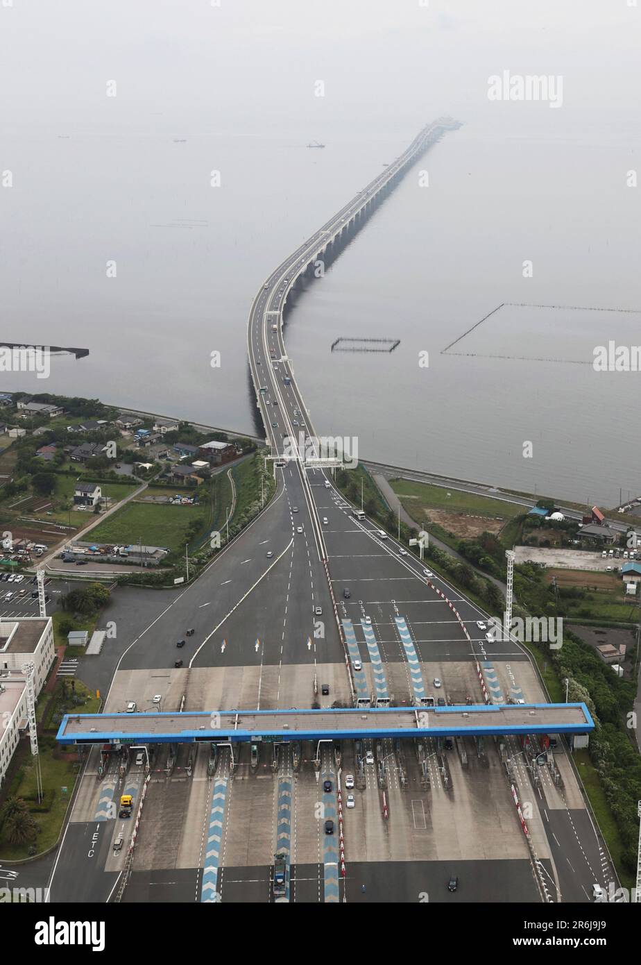 An aerial photo shows Tokyo Bay Aqua-Line (Trans-Tokyo Bay Expressway) on June 10, 2023. Tokyo ...