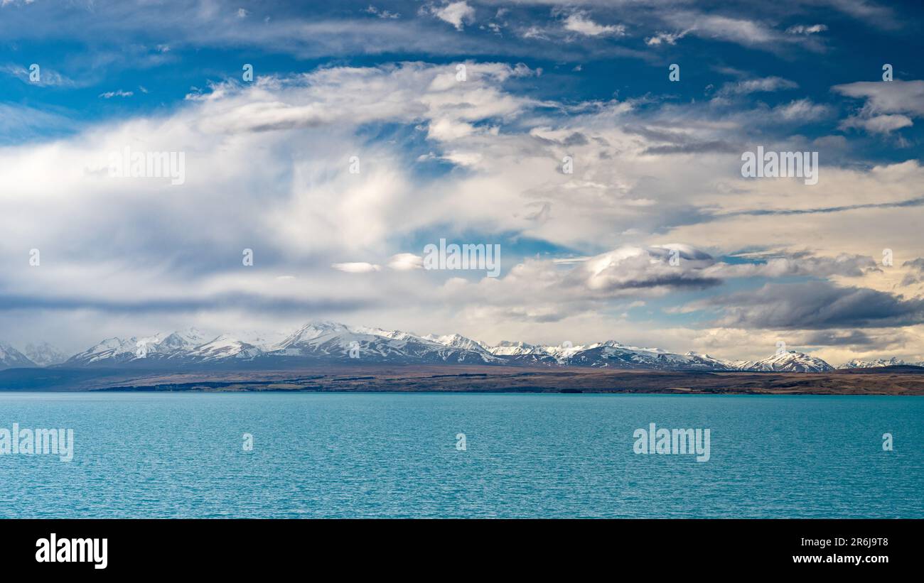 A scenic landscape of Aoraki Mount Cook background - Lake Pukaki with ...