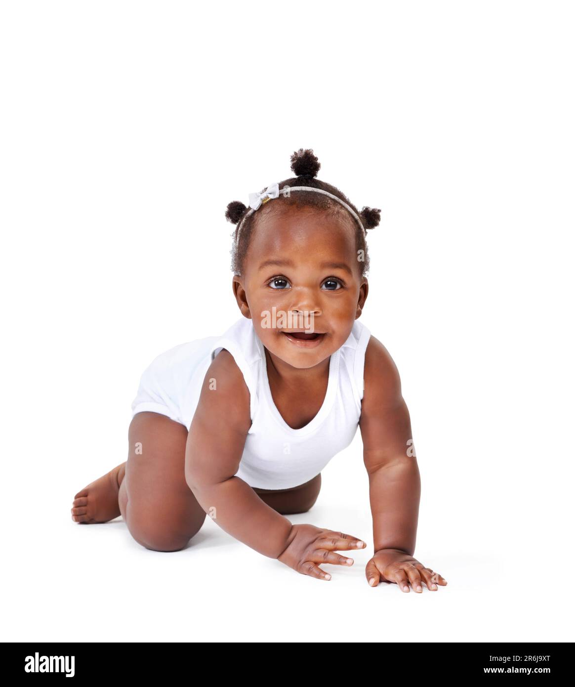 Smile, crawling and African girl baby isolated on white background with ...