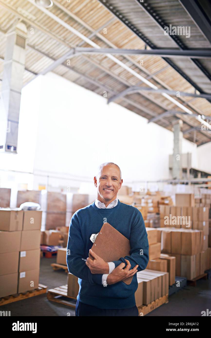 Manager, smile and portrait of man in warehouse for cargo, storage and ...