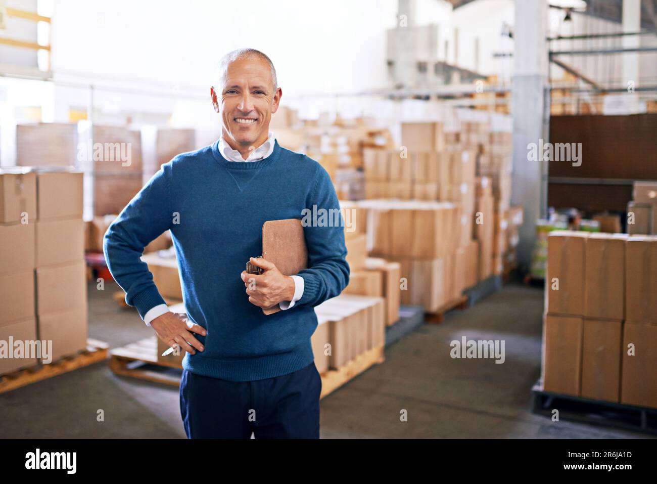 Checklist, happy and portrait of man in warehouse for cargo, storage ...