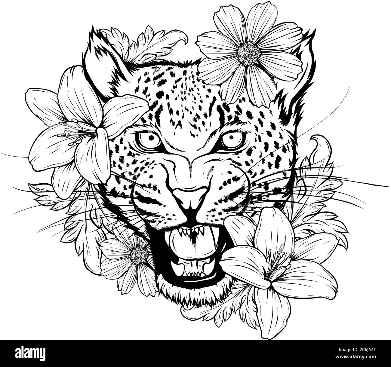 vector illustration of Monochrome leopard head with flower Stock Vector ...