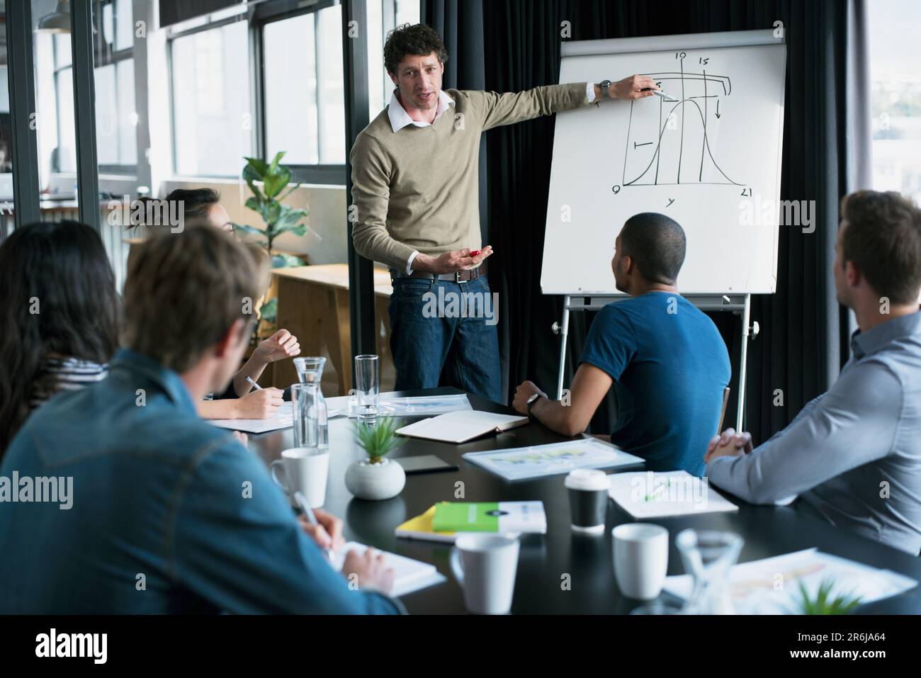 Presentation, chart and data with business people in meeting for ...