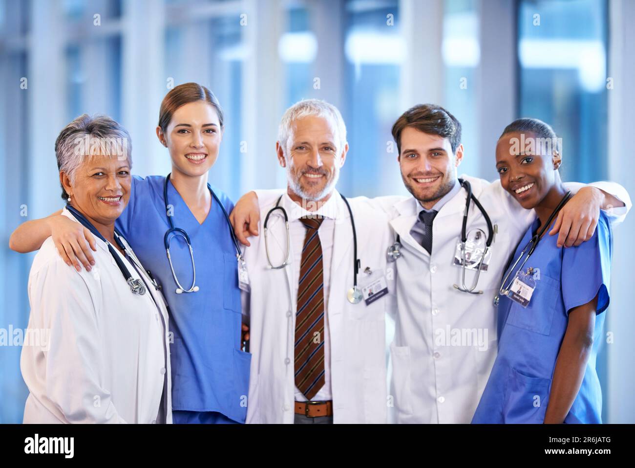Healthcare, team and portrait of doctors and nurses standing in a ...