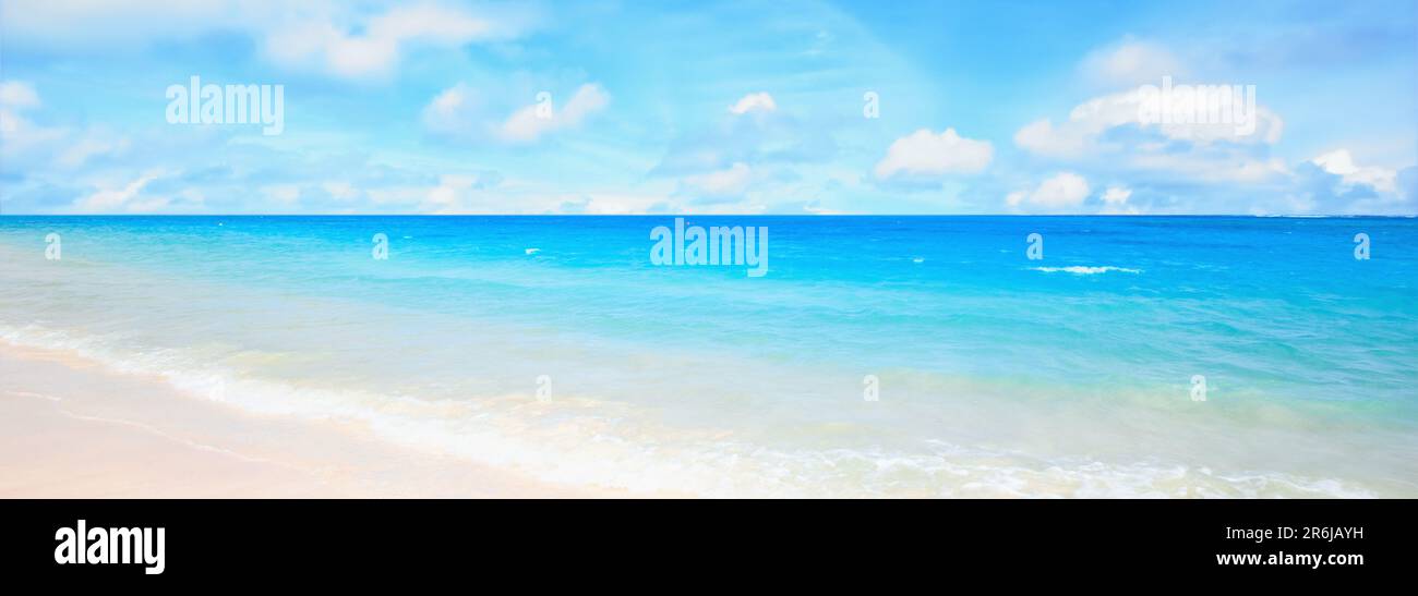 Sea, blue sky and landscape with beach and travel, white sand and ...