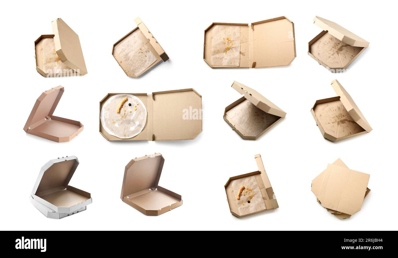 Set of many empty pizza boxes isolated on white Stock Photo - Alamy
