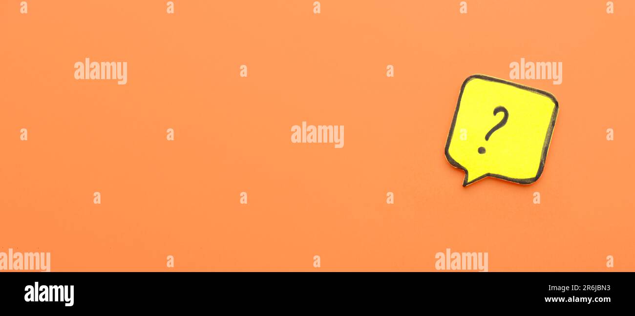 Sticky note with question mark on orange background with space for text ...