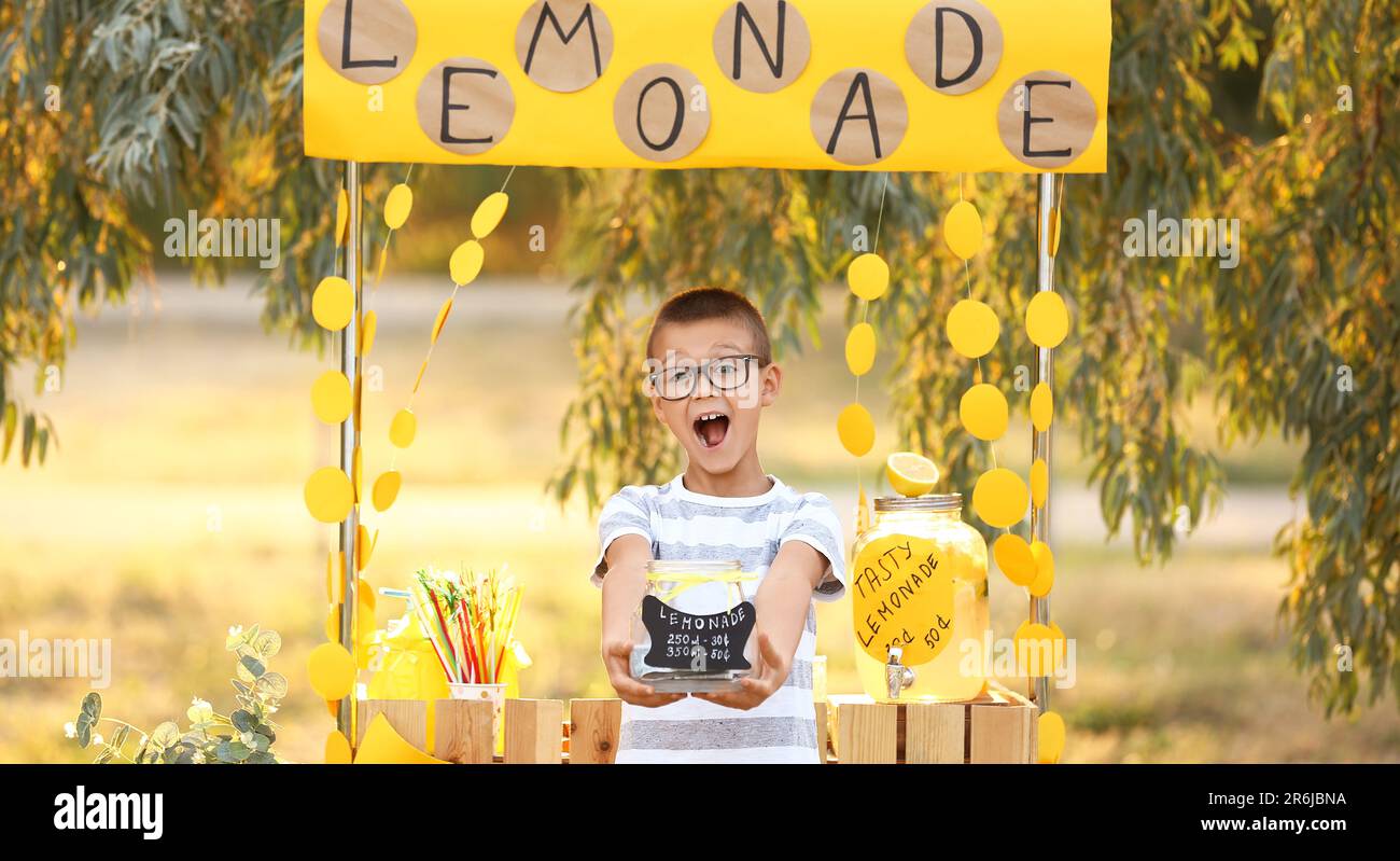 Happy little boy selling lemonade in park Stock Photo - Alamy