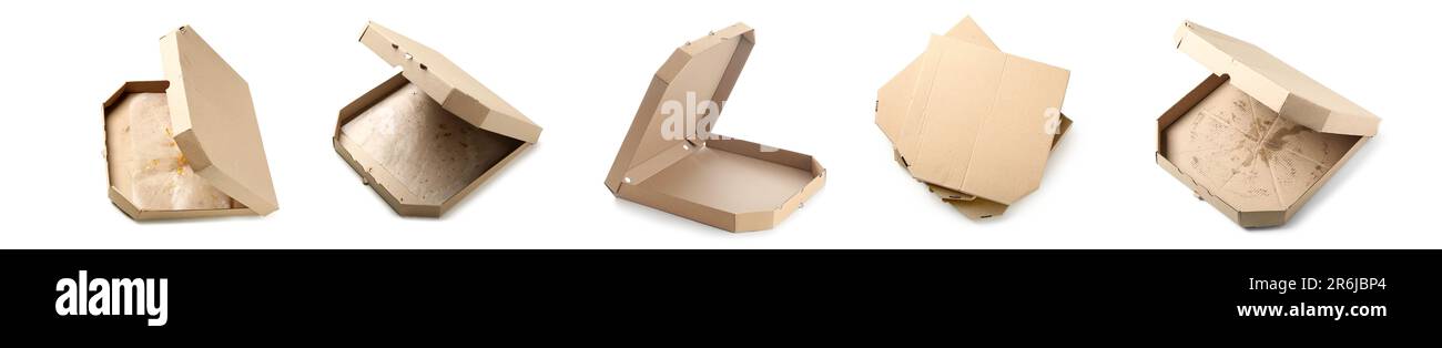 Set of empty pizza boxes on white background Stock Photo - Alamy