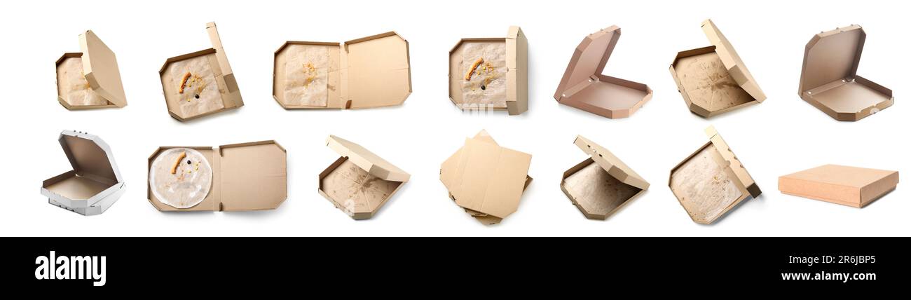 Set of many empty pizza boxes on white background Stock Photo - Alamy
