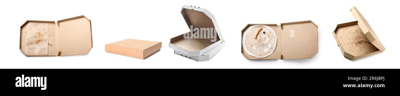 Set of empty pizza boxes on white background Stock Photo - Alamy