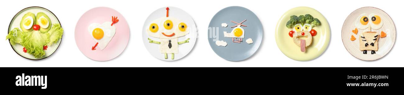 Collage of plates with funny children's breakfasts on white background ...
