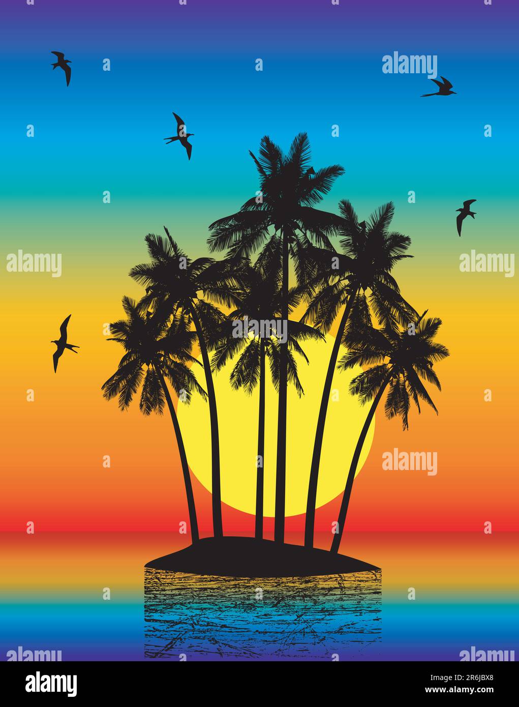 Vector illustration of a tropical island with sunset using gradients ...