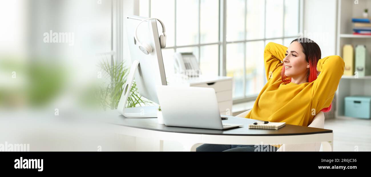 Female programmer relaxing in office. Banner for design Stock Photo - Alamy