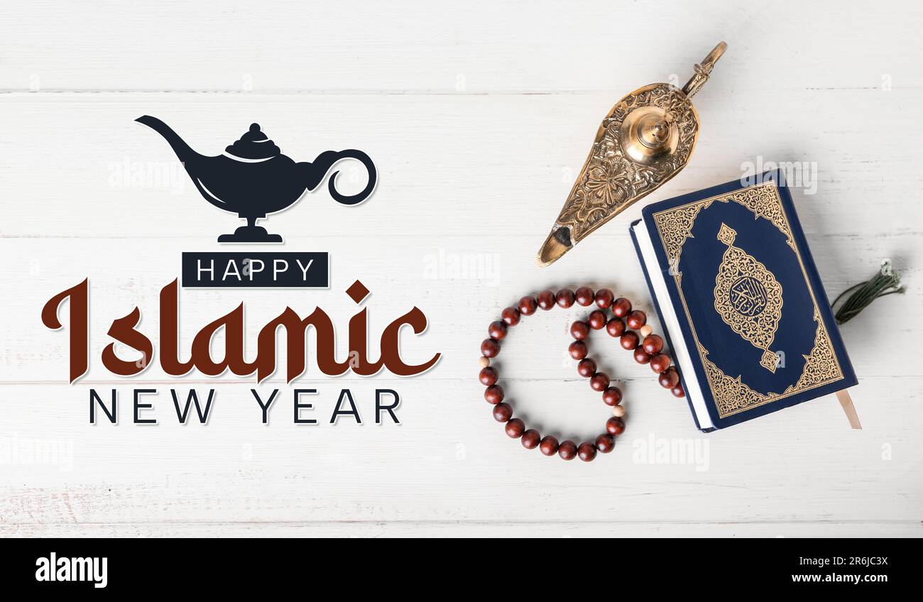 Banner for Islamic New Year with Quran, Aladdin lamp and tasbih Stock ...