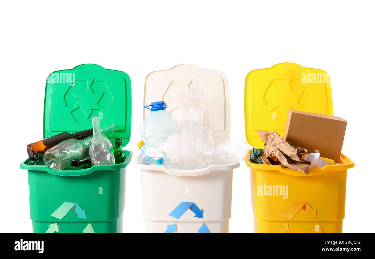 Containers with different types of garbage isolated on white. Recycling ...