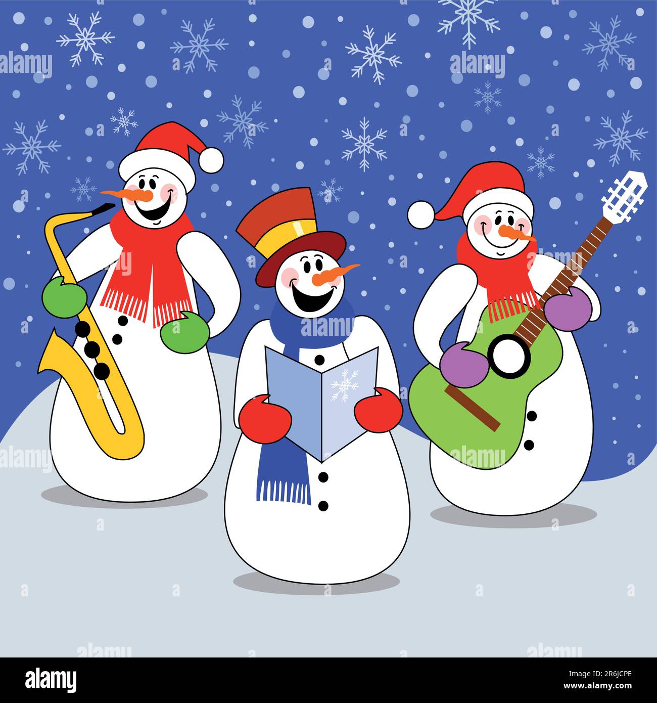Three snowman band playing christmas music, full scalable vector ...
