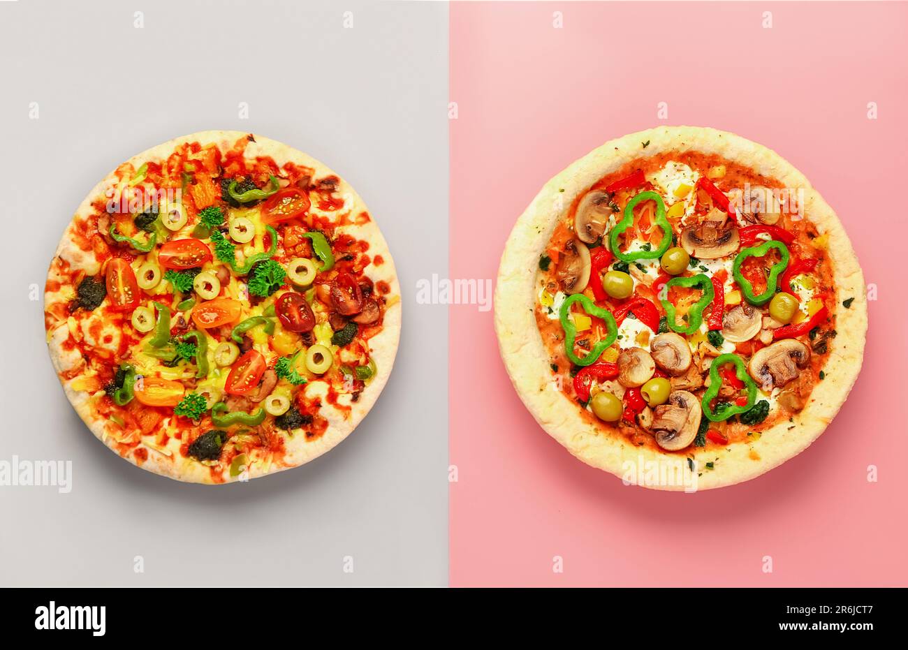 Vegetable pizzas with on colorful background Stock Photo - Alamy