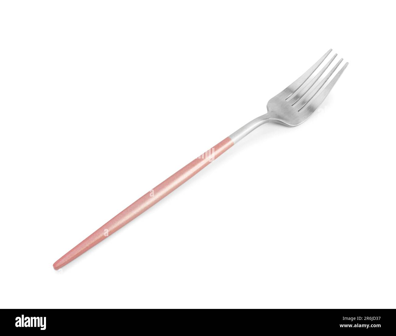 Stainless steel fork with pink handle on white background Stock Photo ...