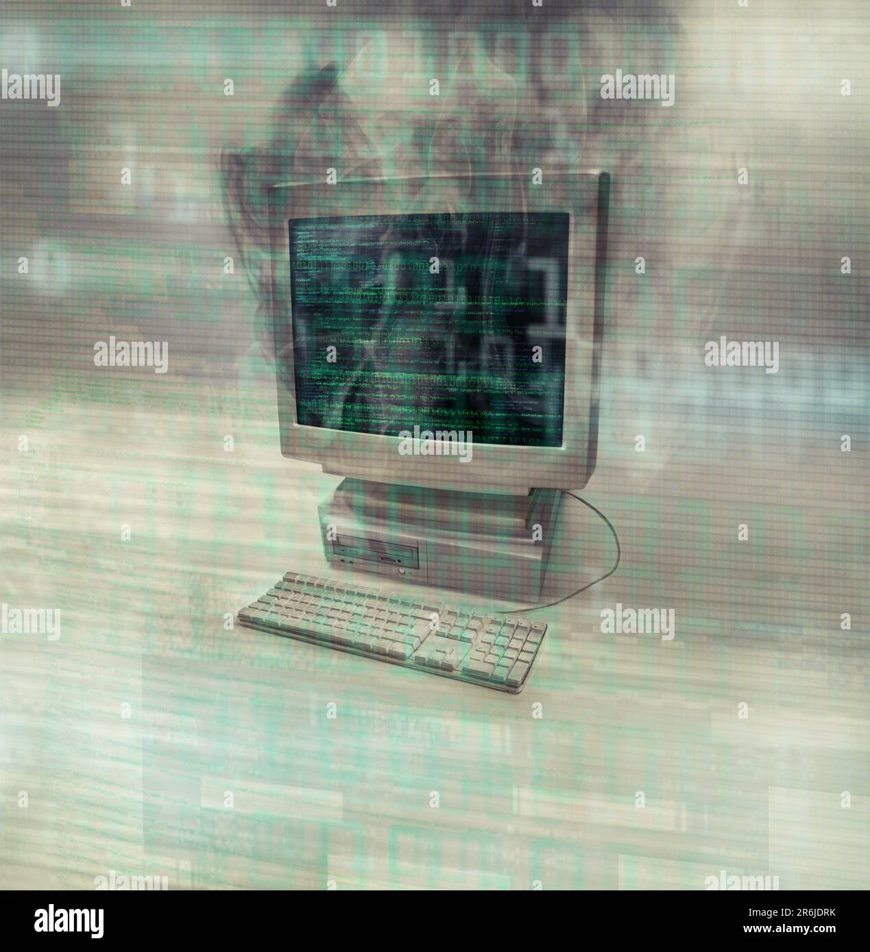 Smoke, computer problem and code overlay with no people and broken ...