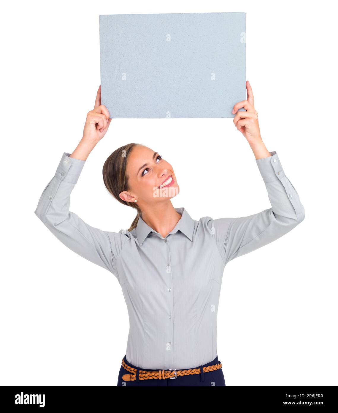 Happy woman, poster and sign for advertising, marketing or branding ...