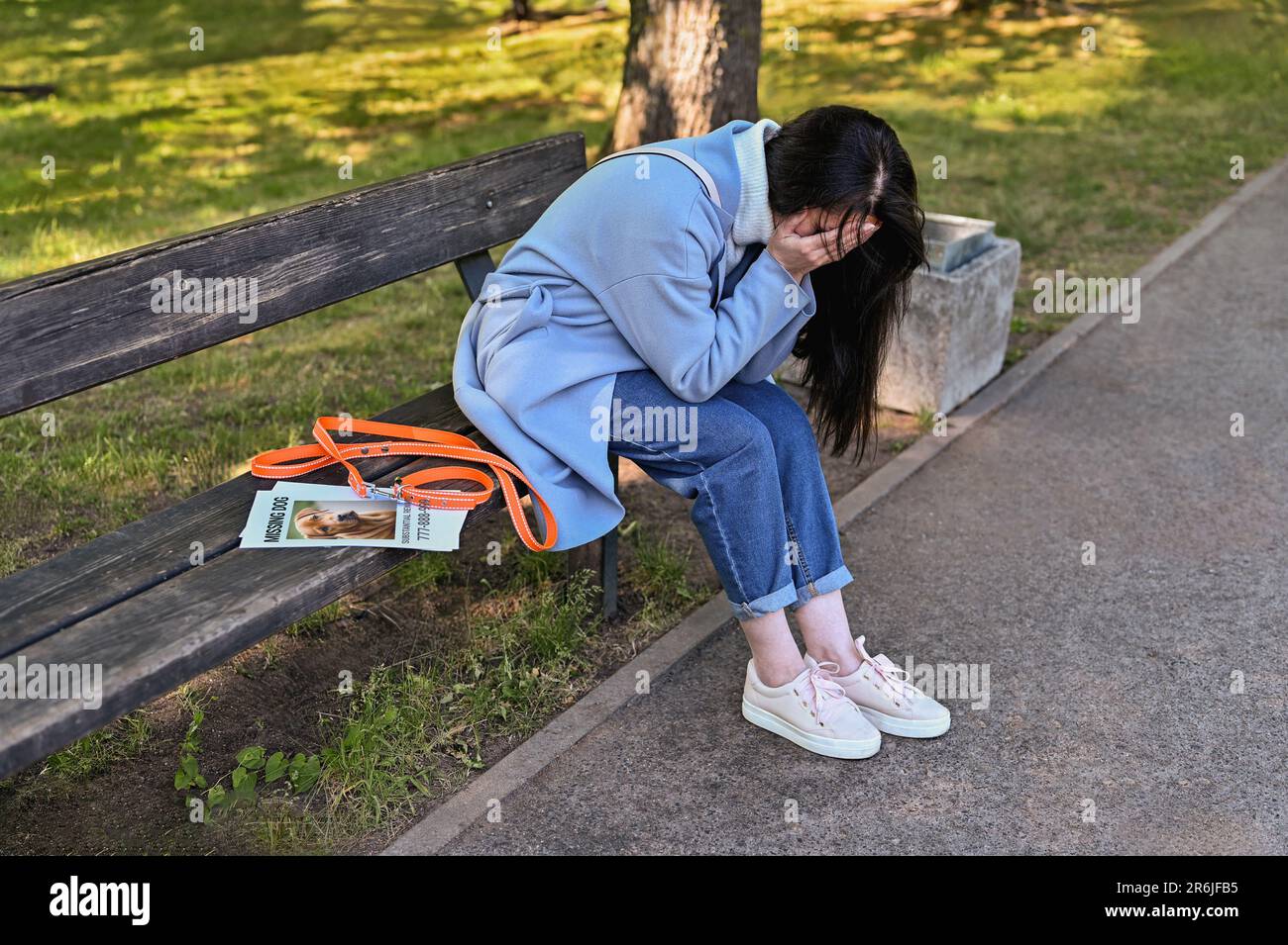 Heartbroken dog owner grieves. on the bench is a collar and a leaflet ...