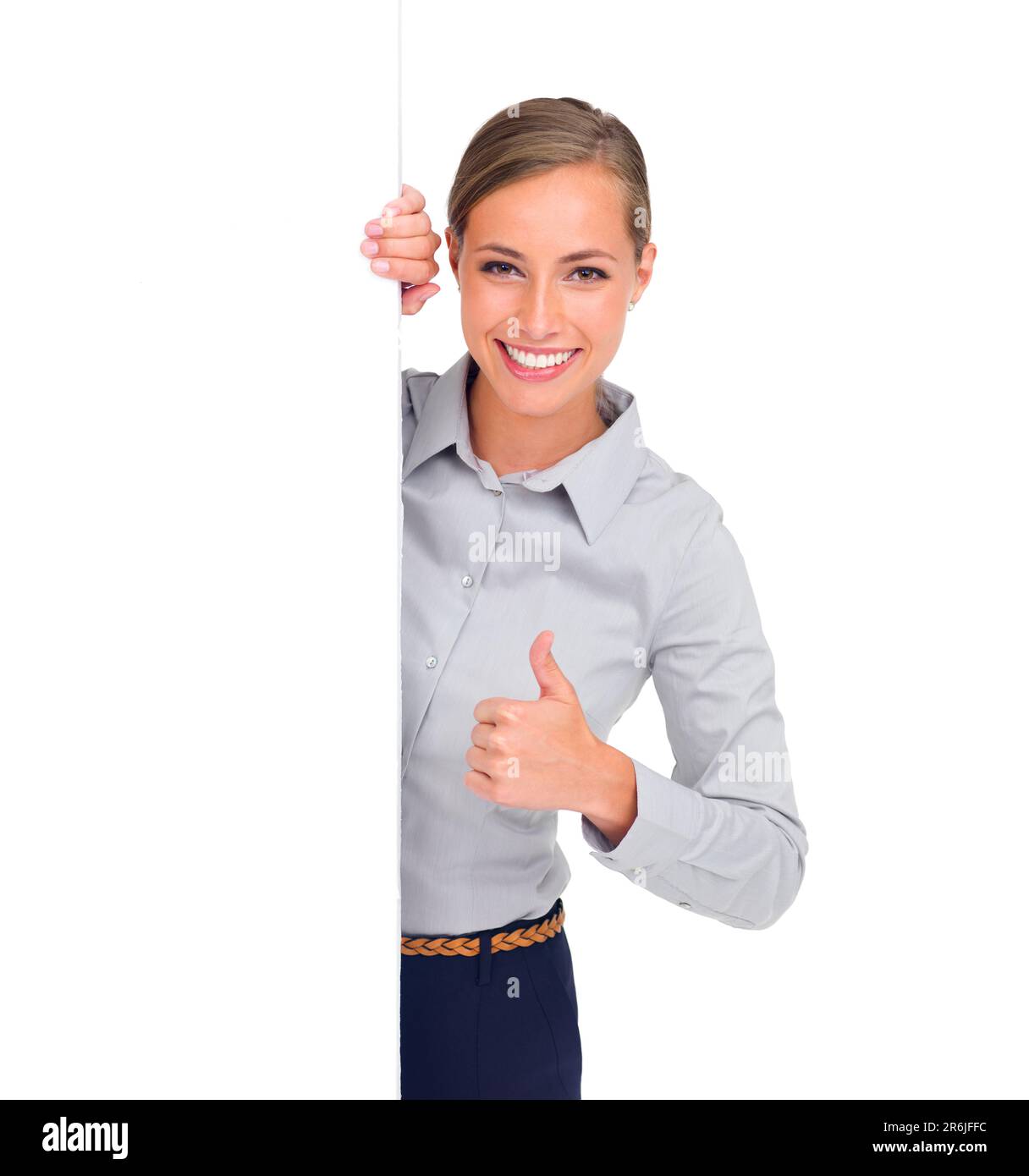 Happy woman, portrait and thumbs up with mockup space or banner for advertising against a white ...