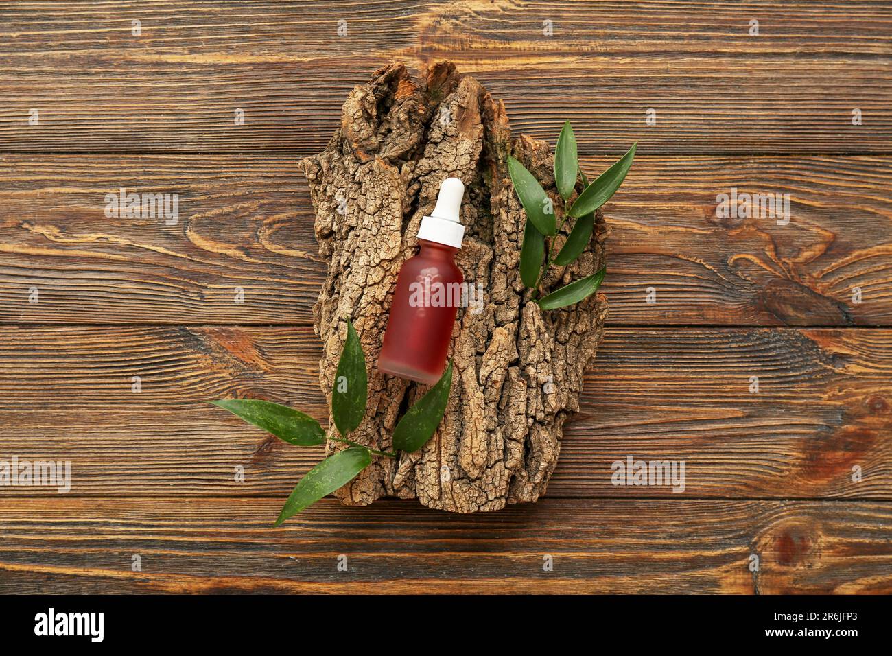 Composition with bottle of essential oil, tree bark and plant leaves on ...