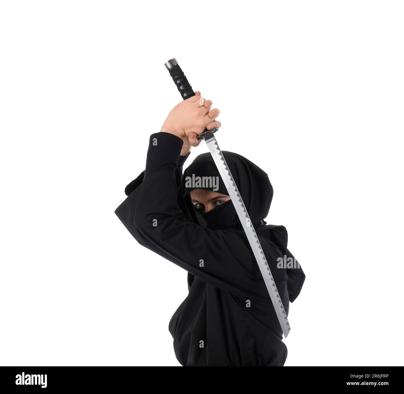 Male ninja with sword on white background Stock Photo - Alamy