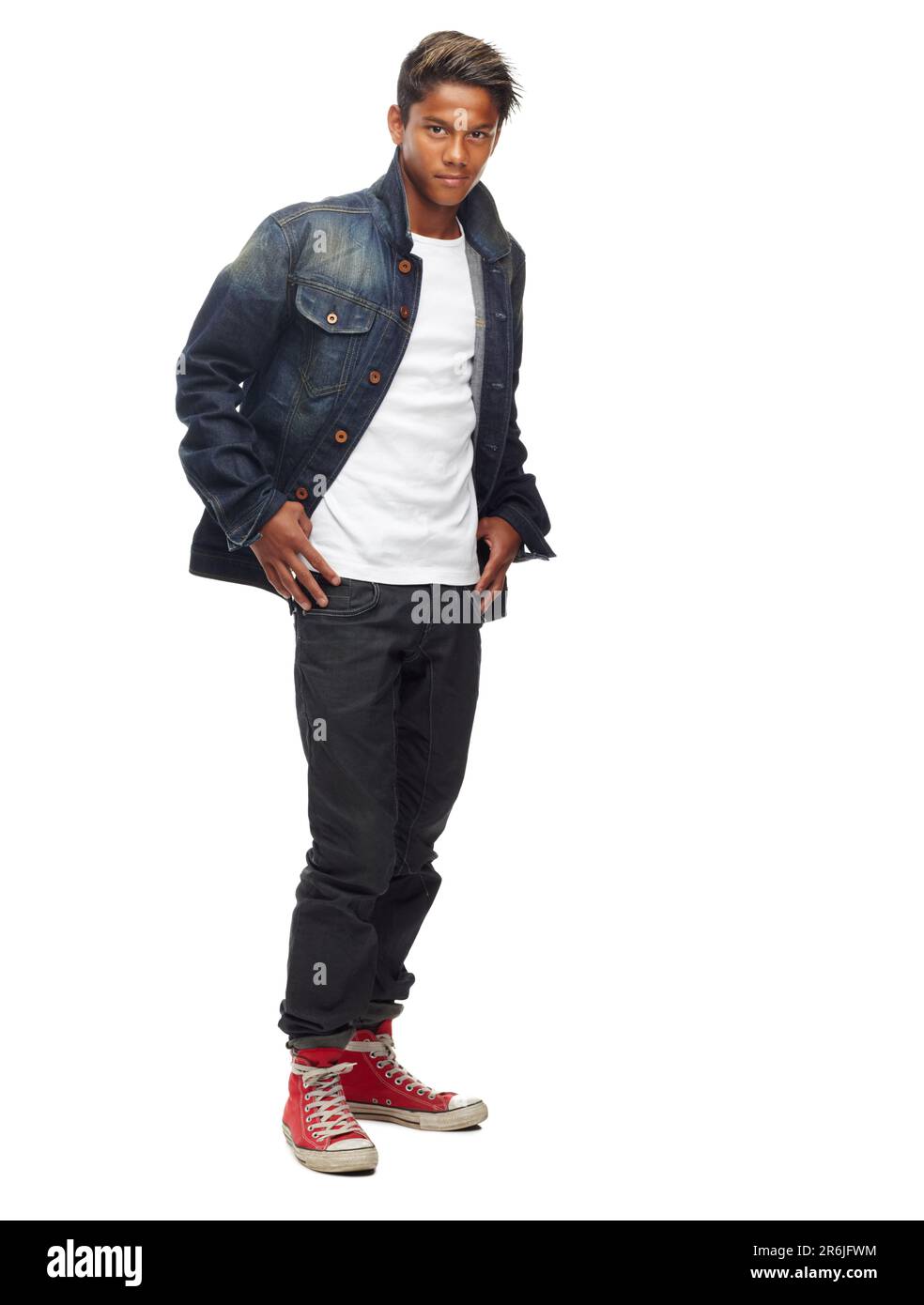 Fashion, serious and portrait of man on a white background with ...