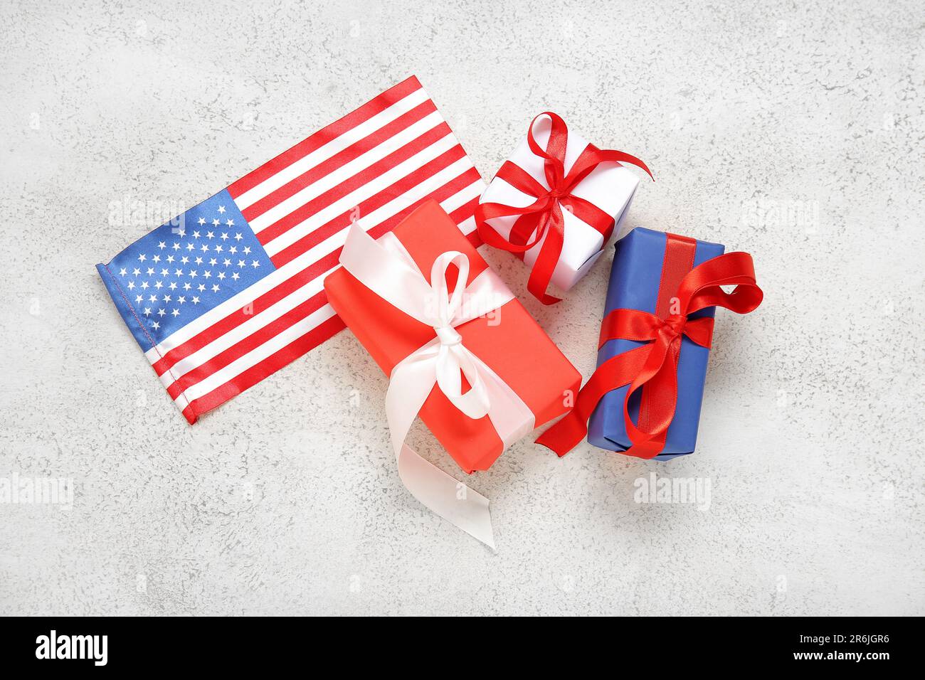 Gift boxes for American Independence Day with USA flag on grunge white ...