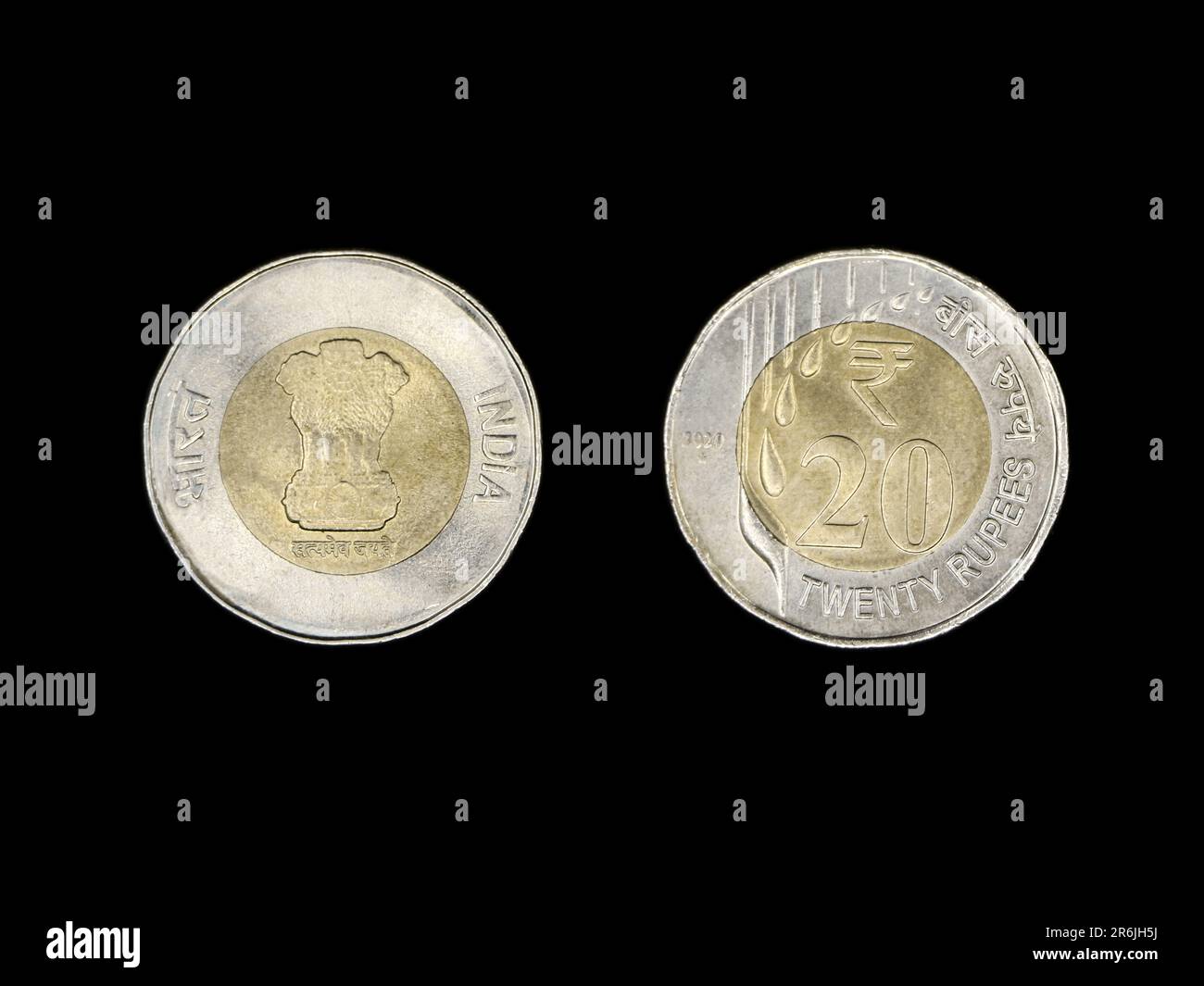 closeup of a vintage metallic indian 20 (twenty) rupees coin made of ...