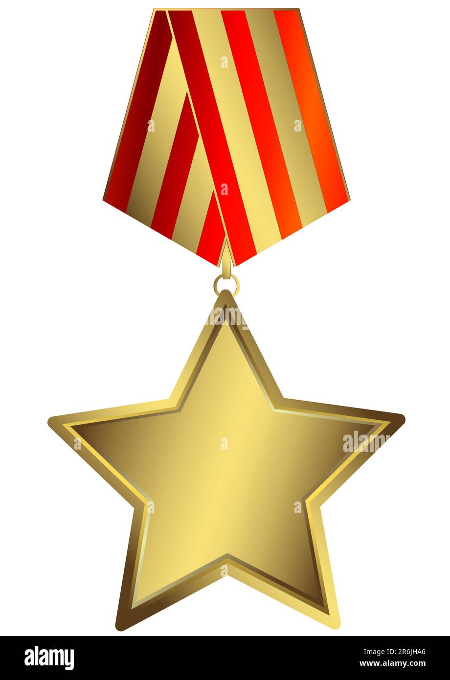 Gold star with red and golden striped ribbon on white background ...