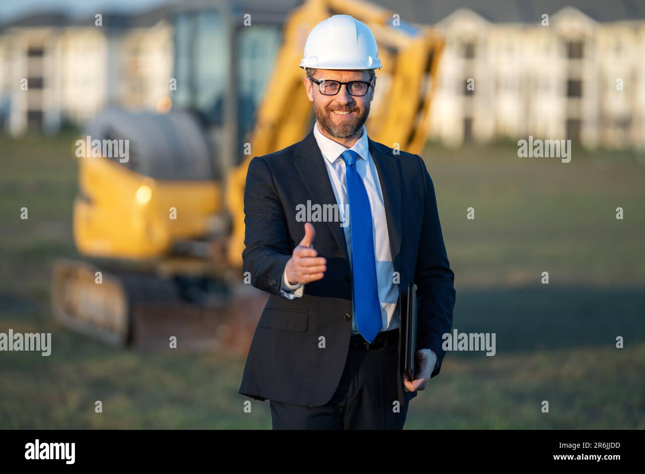 Construction builder investor. Man investor in front of construction ...
