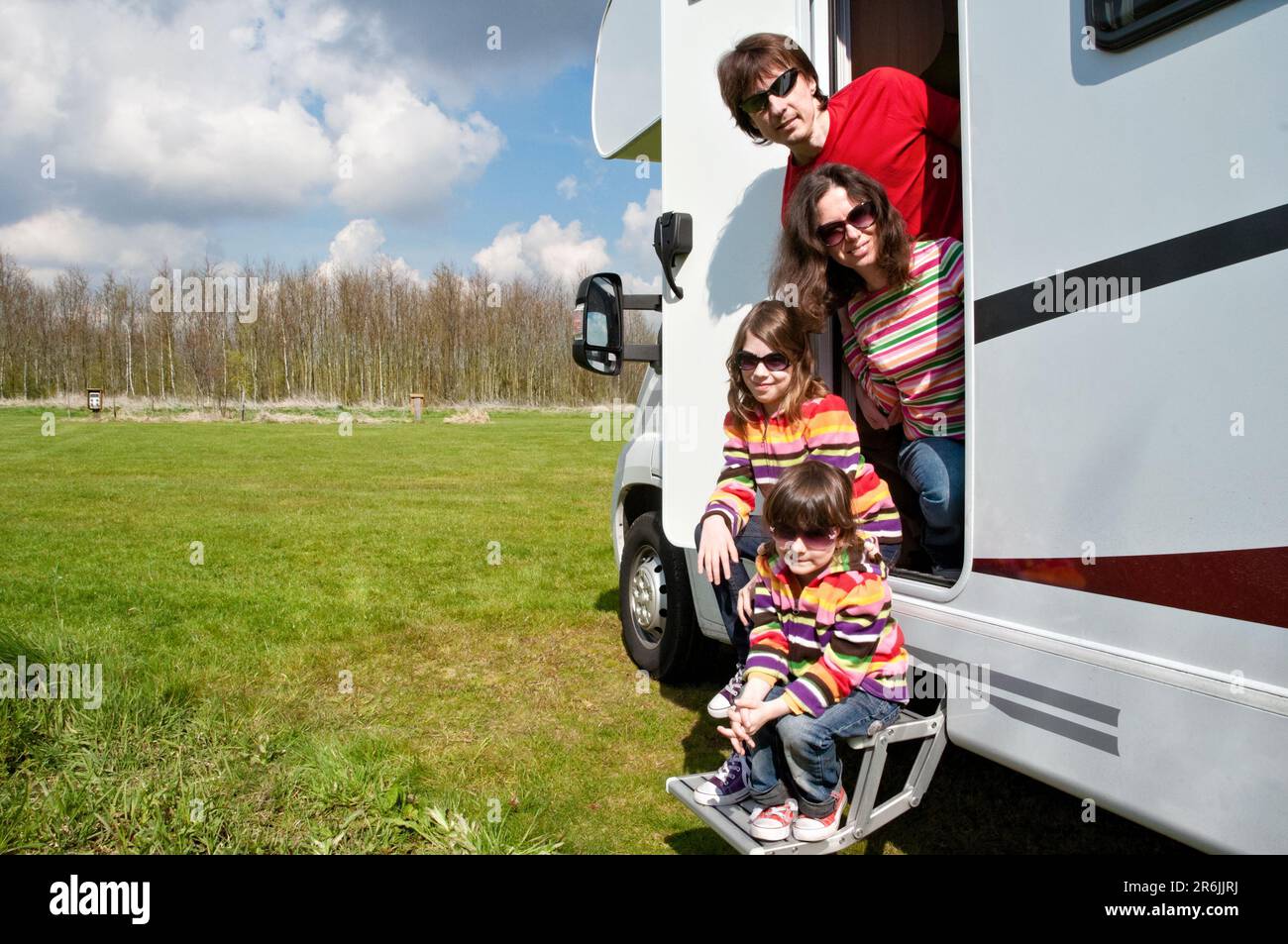 Family vacation, RV travel with kids, happy parents with children have ...