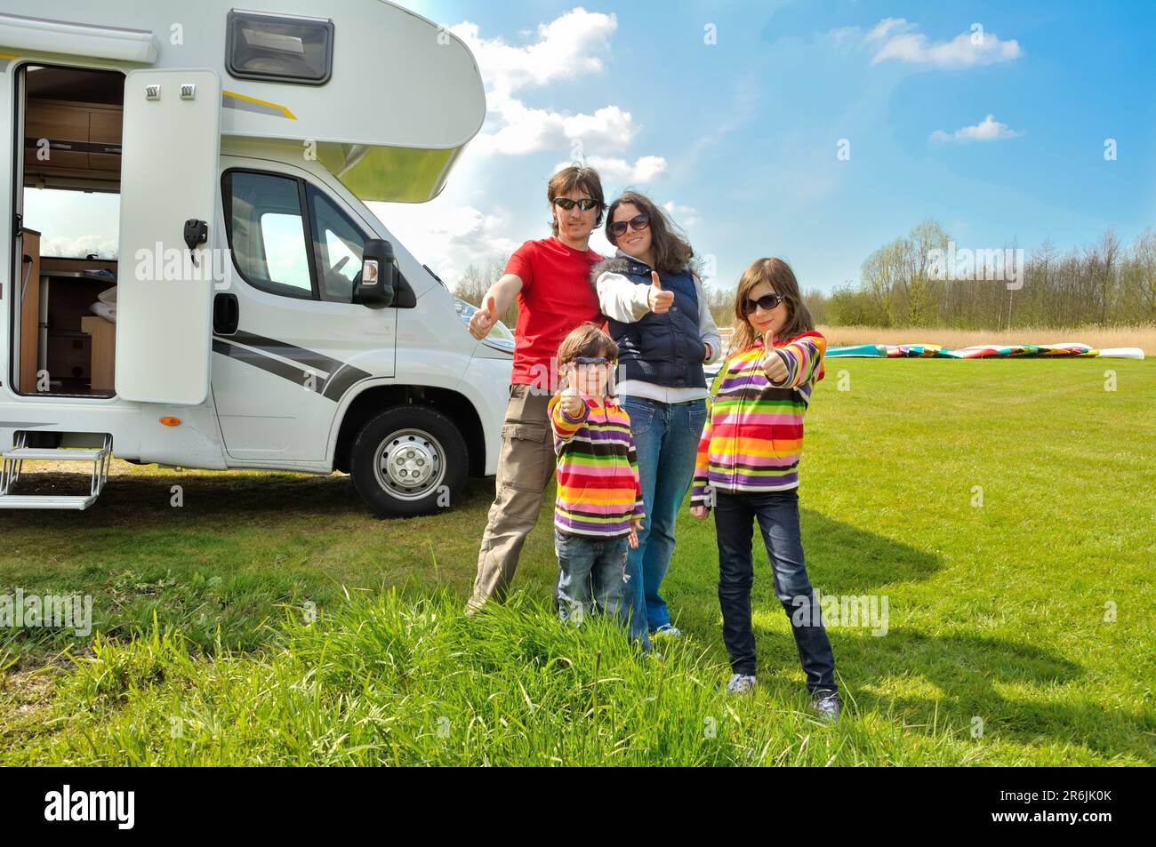 Family vacation, RV travel with kids, happy parents with children have ...