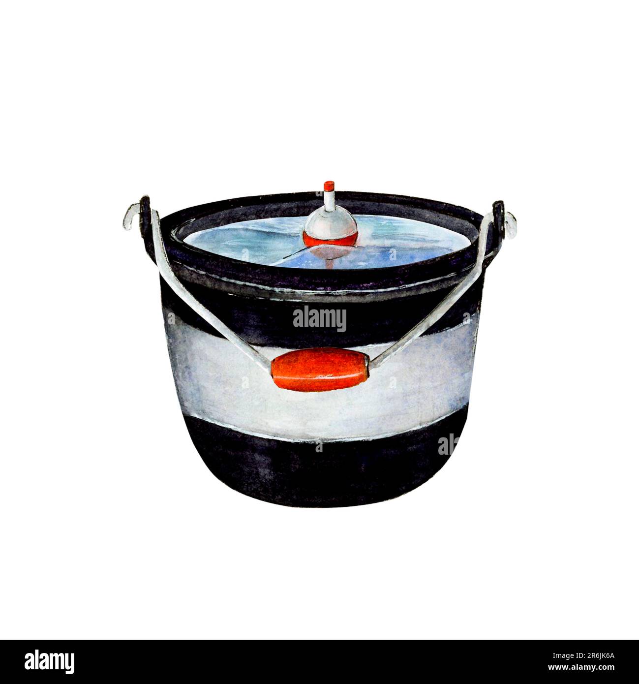 Watercolor drawing fishing bucket, black and white with red handle ...