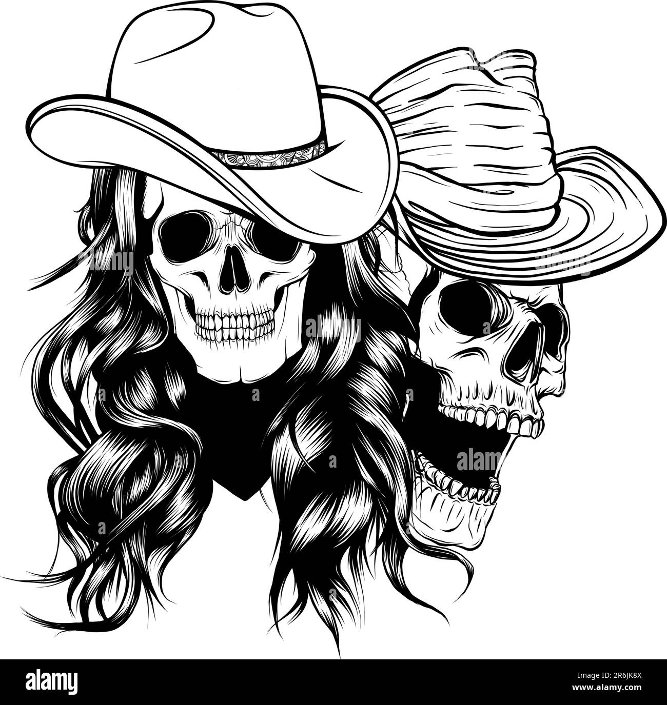 vector illustration of couple Skulls cowboy monochrome on white ...