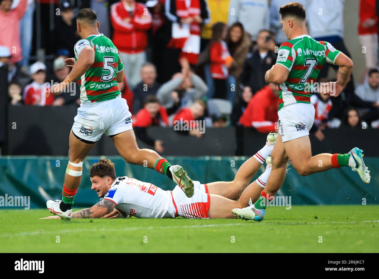 Sydney, Australia. 10th June, 2023. Jayden Hunt of the Dragons scores a ...