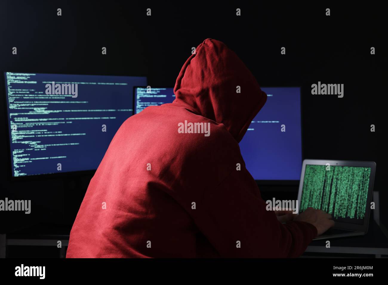 Hacker working with computers in dark room. Cyber attack Stock Photo ...